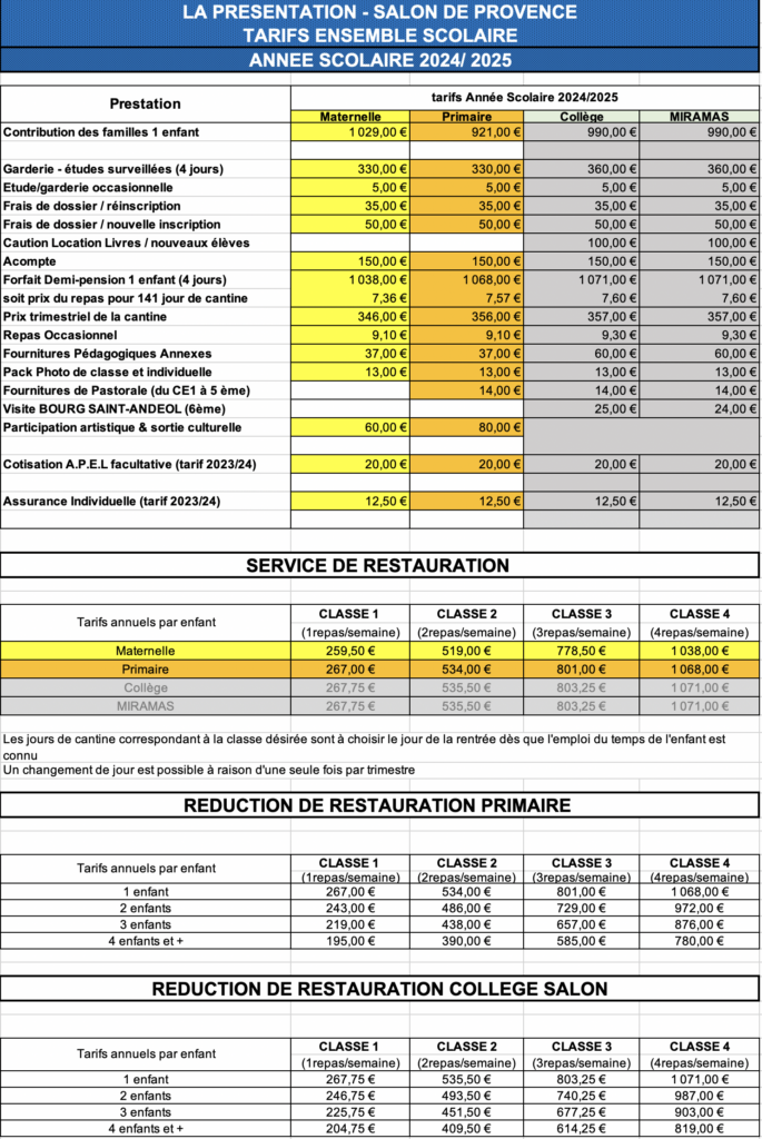 Tarifs - Groupe scolaire La Présentation de Marie